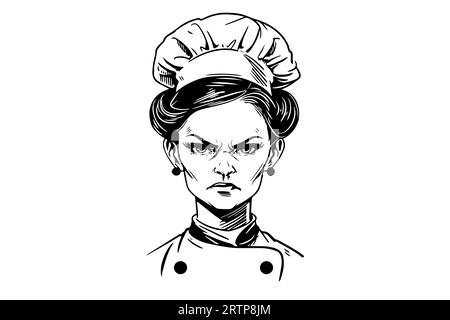 Angry woman chef ink sketch in engraving style. Drawing young female ...