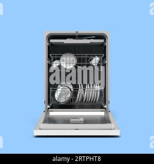 modern new open dishwasher frontview 3d render on white with color ...