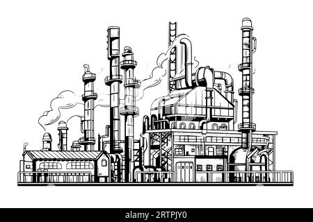 Industrial landscape line engraving style hand drawing ink sketch. Oil ...