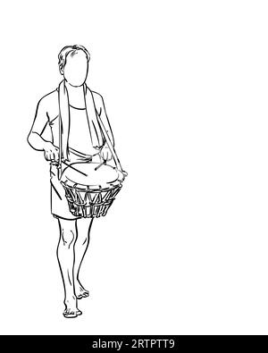 Man walking barefoot drumming a drum; Freehand drawing of faceless ...