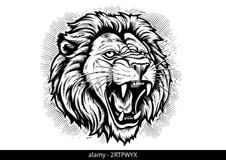 Lion growl head portrait sketch hand drawn engraving style vector ...