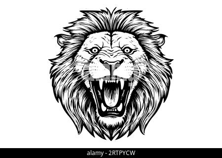Lion growl head portrait sketch hand drawn engraving style vector ...