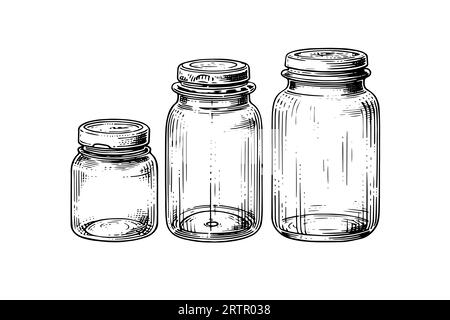 Empty glass jars ink sketch. Vector vintage black engraving ...