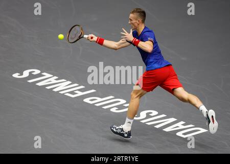 Jiri Lehecka, of the Czech Republic, returns a shot to Tomas Martin ...
