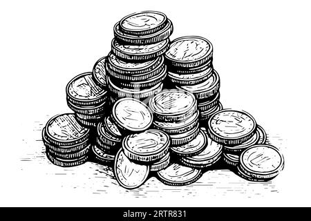 Stack of coins money in engraving style. Hand drawn ink sketch. Vector ...