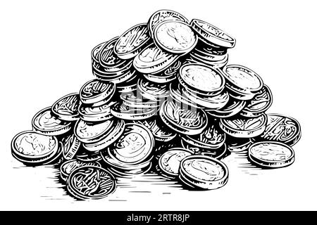 Stack of coins money in engraving style. Hand drawn ink sketch. Vector ...