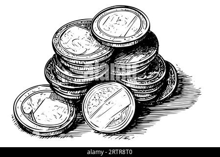 Stack of coins money in engraving style. Hand drawn ink sketch. Vector ...