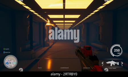 First person shooter videogame in dark atmospheric industrial setting ...