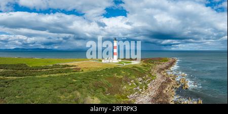 Aerial panorama of Tarbat Ness Lighthouse on the Moray Firth, Scotland ...
