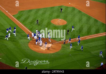 A bench clearing brawl erupts during Dodgers game at Dodger Stadium ...