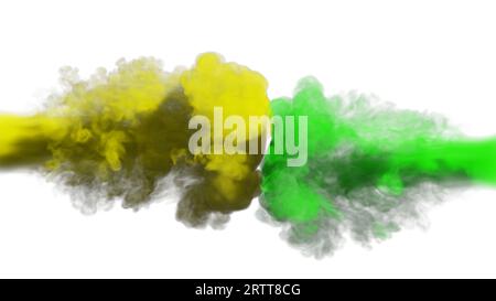 Puffs of yellow and blue smoke collide against a white background. 3d ...