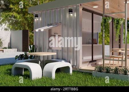 Exterior of a modern minimalist coffee shop or cafe's entrance door ...