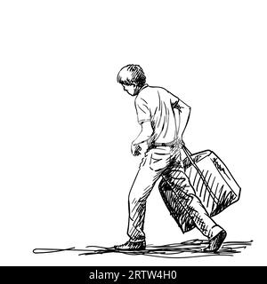 Drawing of young skiny man carrying big heavy bag, Vector line sketch ...