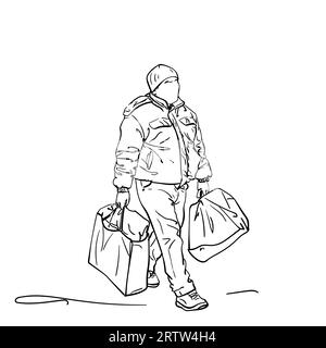 Man carrying bags on his head, Vector sketch, Hand drawn illustration ...