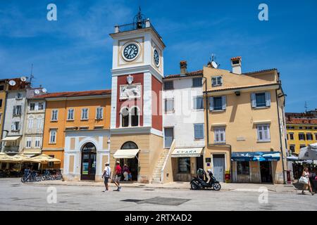 Clock Tower (Uhrturm) on Marshal Tito Square in the old town of Rovinj ...