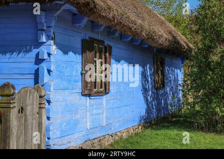 Old wooden blue country house with thatched roof, image with oil ...