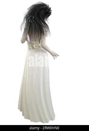 Gothic ghost woman with long black hair wears white gown, 3D ...