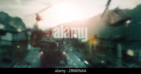 Explosion, warzone and apocalypse with destruction on battlefield for ...