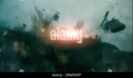Military, warzone and apocalypse with explosion on battlefield for ...