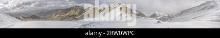 Scenic panorama of cold mountaineous landscape of Pamir mountain range ...