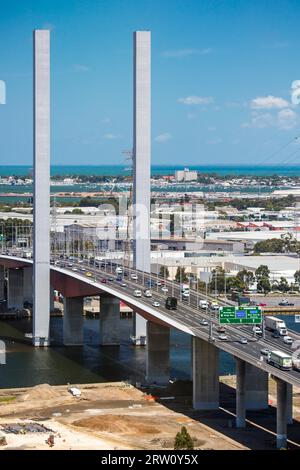 A view of heavy traffic crossing the Bolte Bridge towards Williamstown ...