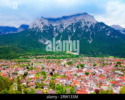 Mittenwald town and Karwendel mountain aerial panoramic view in Bavaria ...