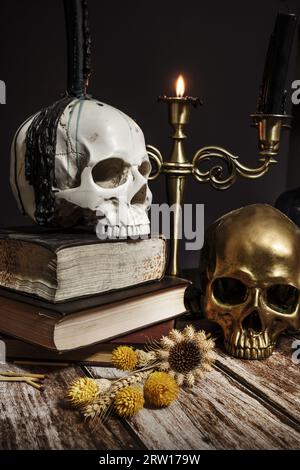 Human skull with flowers on red background Stock Photo - Alamy