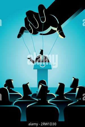 Vector illustration of a businessman being control by a woman puppeteer ...