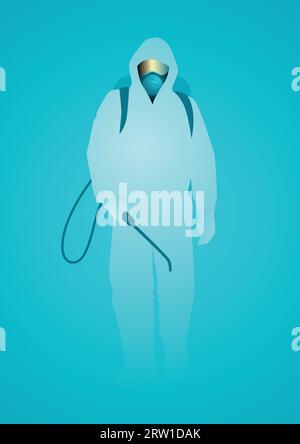 Disinfectant worker wear protective mask and suit sprays coronavirus or ...