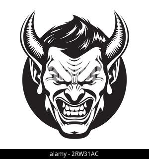 Vector illustration. Male portrait of a malevolent laughing devil ...