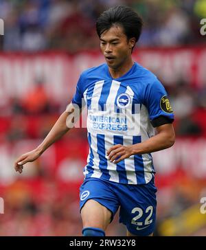 Kaoru Mitoma of Brighton and Hove Albion celebrates his goal making kit ...