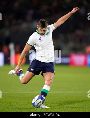 Ireland's Ross Byrne kicks a conversion during the Rugby World Cup Pool ...