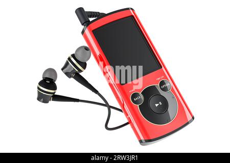 Portable music player and wired earphones on blue background, top view ...