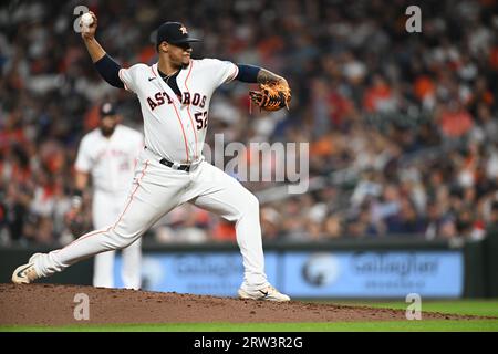 Houston Astros pitcher Bryan Abreu celebrates after a baseball game ...
