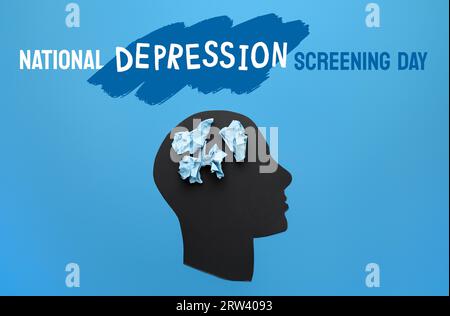 Banner for National Depression screening day with pills, glass of water ...