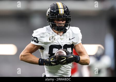 Vanderbilt wide receiver London Humphreys (83) walks off the field ...