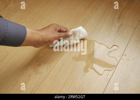 hand wiping spilled tea with paper napkin on floor Stock Photo - Alamy