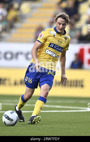 Matte Smets of STVV in action with the ball during a football game ...