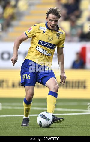 Matte Smets of STVV in action with the ball during a football game ...