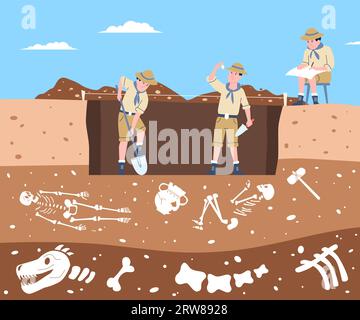 Archaeologist. Cartoon archeologist working with dig instrument on ...