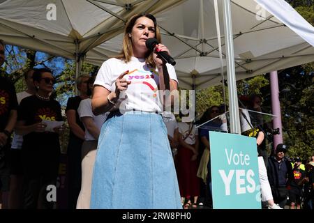 Senator Sarah Hanson-Young speaks to Telstra CEO Vicki Brady during the ...