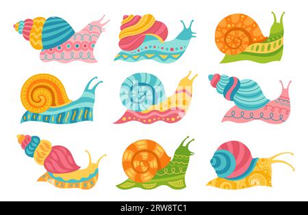 Snail child doodle linear set. Funny baby spiral snails mollusk with ...
