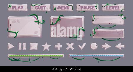 Stone game menu boards with vines. Tablets, buttons, cartoon interface plaques, frames and ...