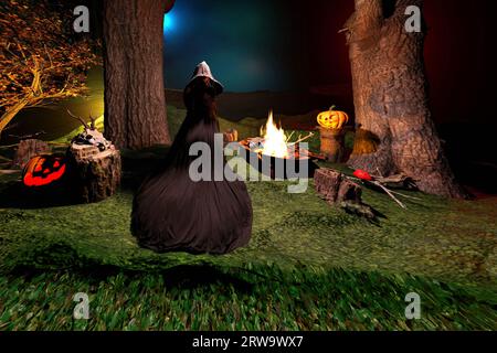 Halloween background. Witch with pumpkins making fire in spooky ...