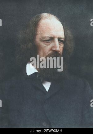 Alfred Tennyson. His eyes are downcast and looking slightly to the ...