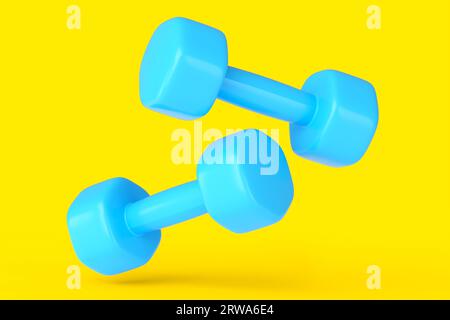 Pair of rubber blue dumbbells isolated on white background. 3d ...