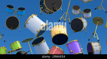 Many of flying drums with metal cymbals on white background. 3d render ...