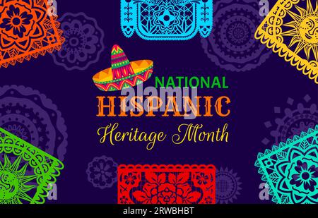 Papel picado flags and sombrero on national hispanic heritage month festival banner. Vector ...