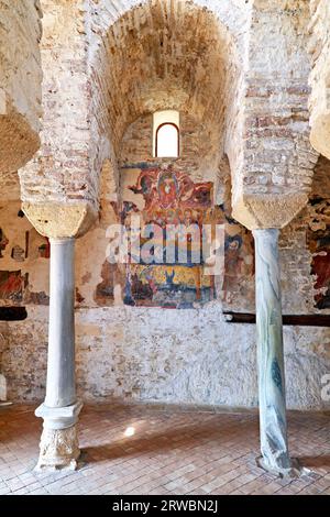 Interior with antique frescoes in the historic small single-nave church Panagia Throniotissa ...