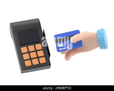 Cartoon hand holding credit card and payment terminal. POS terminal ...